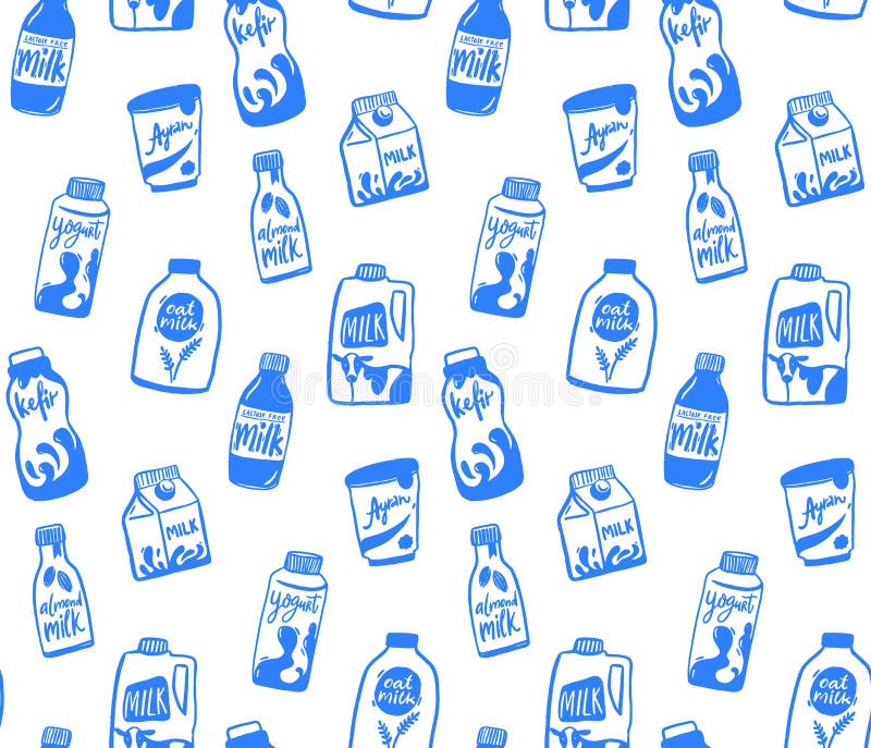 Dairy Products Doodle Pattern, Blue Hand Drawings on White Seamless ...