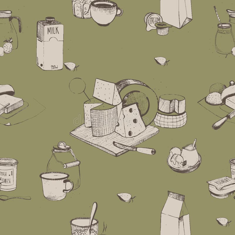 Dairy Products Hand Drawn Seamless Pattern. Milky Farming Assortment ...