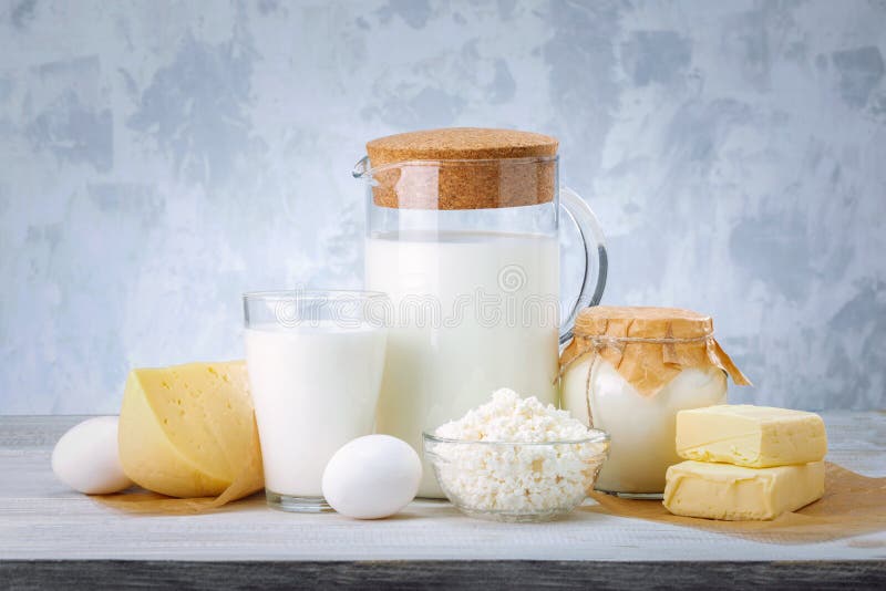 Dairy Products Milk Cottage Cheese Eggs Sour Cream And Butter Stock