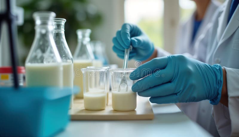Dairy Scientist Analyzes Milk Quality in Lab. Scientist Wears Gloves ...