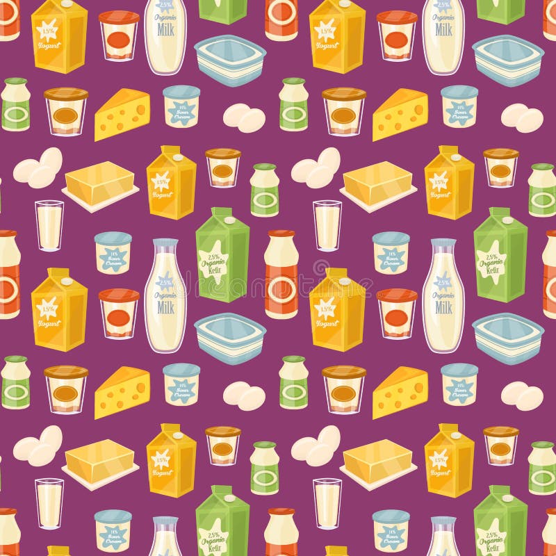 Dairy Seamless Pattern on Blue Background Stock Vector - Illustration ...