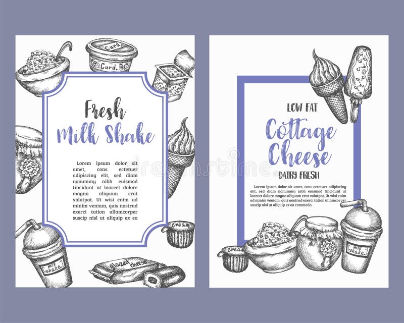 Dairy Sweet Set Of Cards Collection Hand Drawn Vector Illustration With