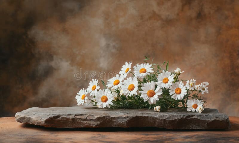 Daisies Arrangement on Rustic Stone Surface with Warm Background Stock ...