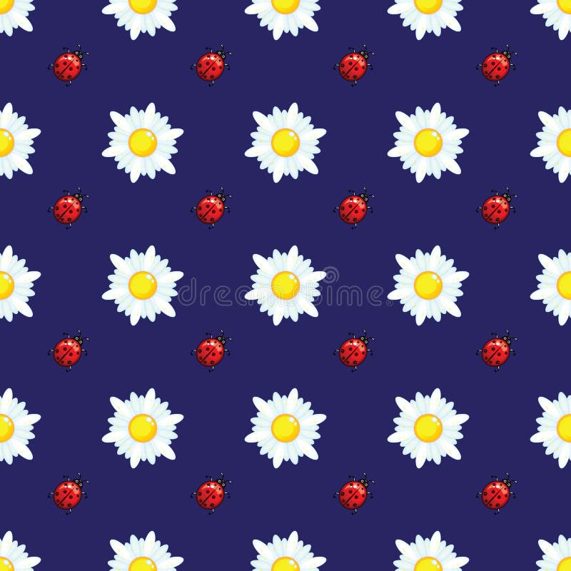 Daisies and Ladybugs on Blue. Stock Vector - Illustration of branch ...