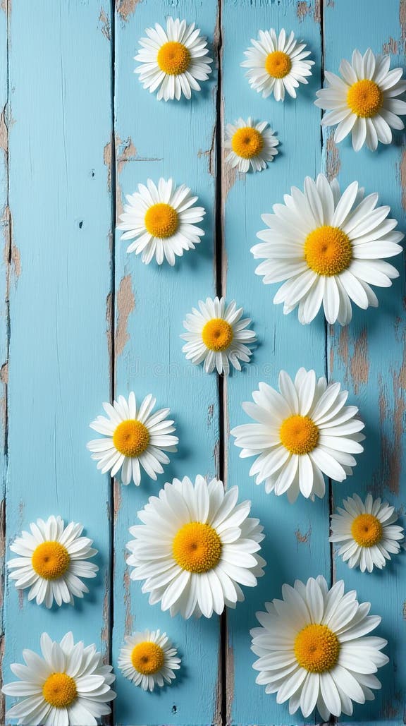 Daisy Cascade: White Daisies Against a Rustic Blue Wood Background ...