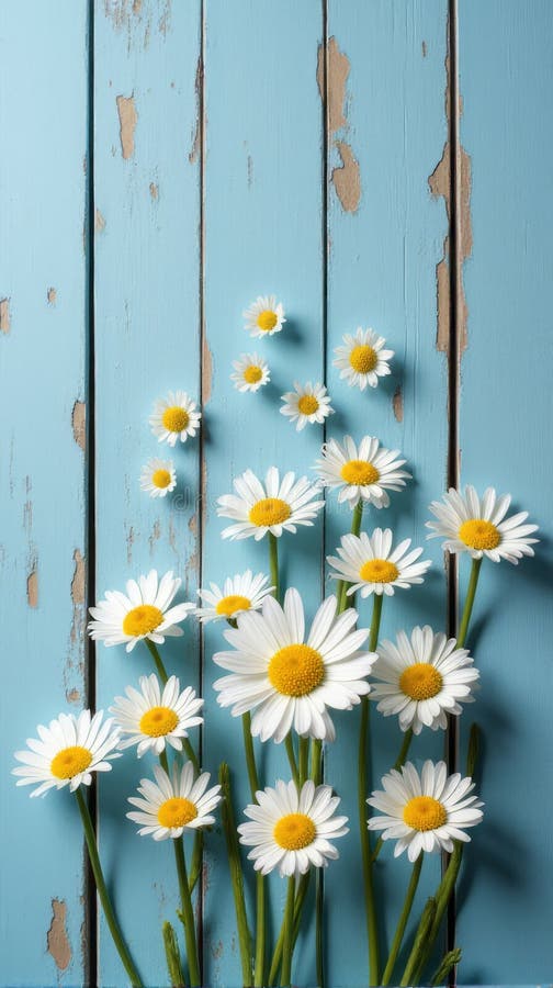 Daisy Cascade: White Daisies Against a Rustic Blue Wood Background ...