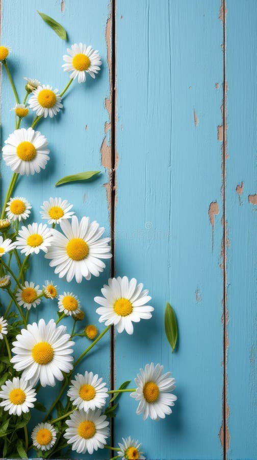 Daisy Cascade: White Daisies Against a Rustic Blue Wood Background ...