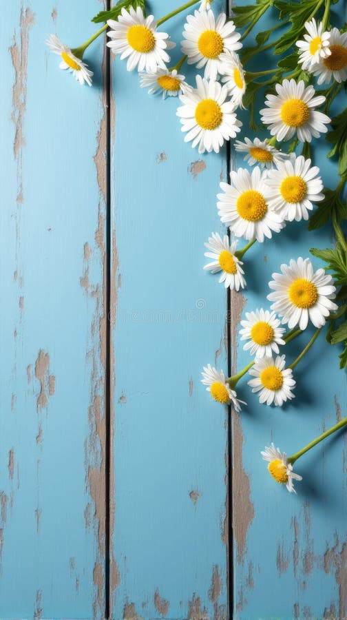 Daisy Cascade: White Daisies Against a Rustic Blue Wood Background ...