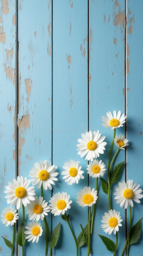 Daisy Cascade: White Daisies Against a Rustic Blue Wood Background ...