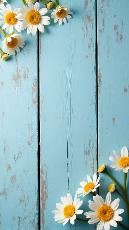 Daisy Cascade: White Daisies Against a Rustic Blue Wood Background ...