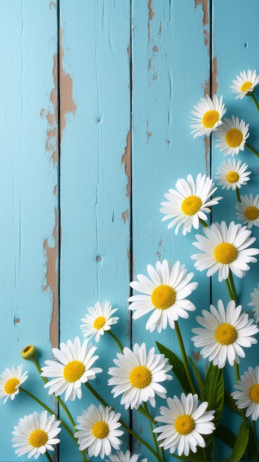 Daisy Cascade: White Daisies Against a Rustic Blue Wood Background ...