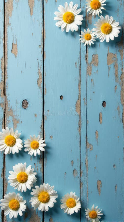 Daisy Cascade: White Daisies Against a Rustic Blue Wood Background ...