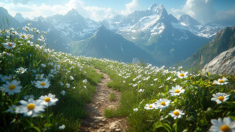 Daisy Field Path, Snowy Mountain Backdrop, Sunny Hike Stock ...