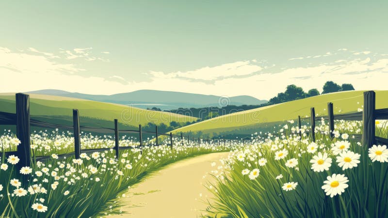 Daisy Field Path, Summer Landscape Stock Illustration - Illustration of ...