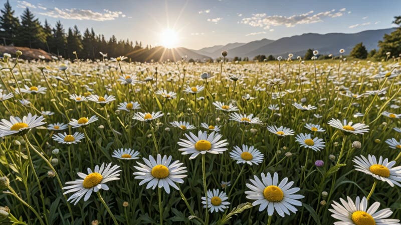 Daisy Field at Sunset with Mountains in the Background Stock Image ...