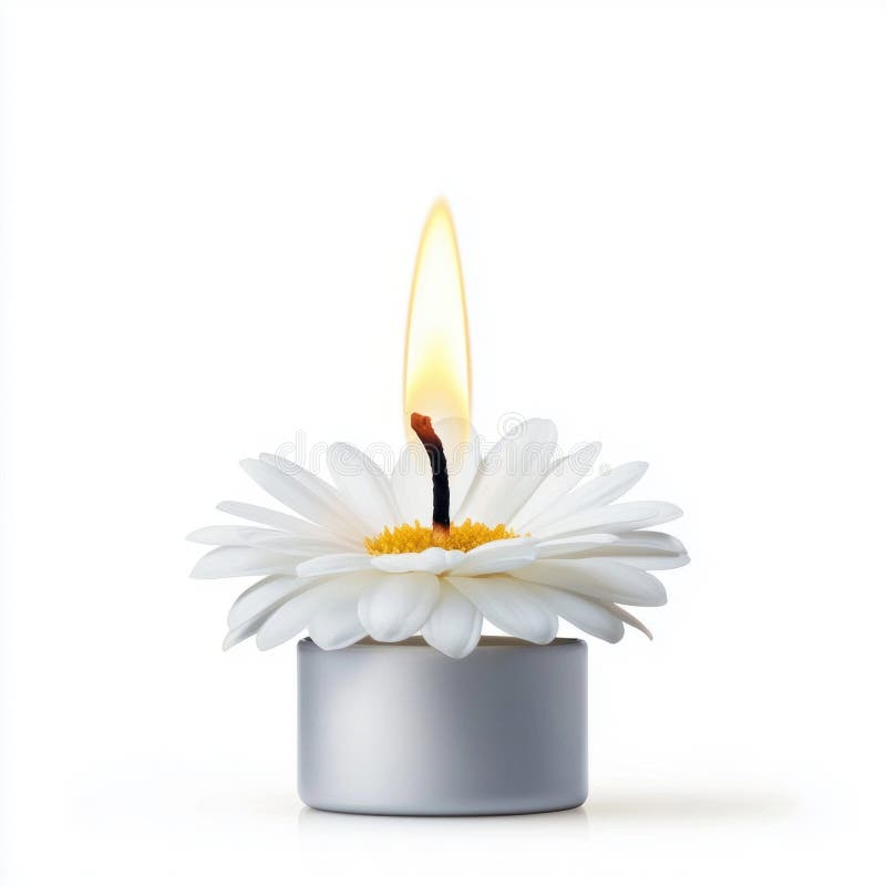 A Daisy Flower Candle Burns Gently, Radiating a Soft Light on a White ...