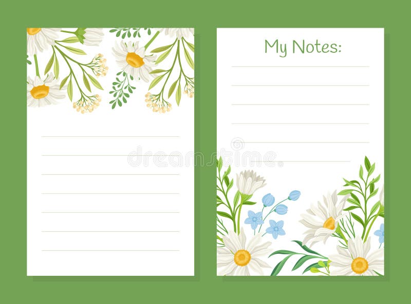 Daisy Flower Notes Card Design with Meadow Flora Vector Template Stock ...