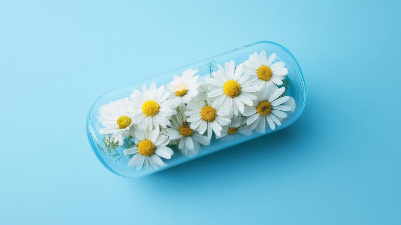 Daisy Flowers Encapsulated in a Transparent Capsule on a Blue ...