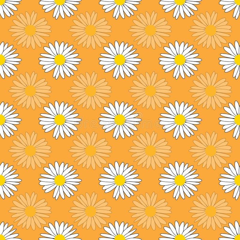 Daisy Flowers Vector Seamless Pattern on Orange Background Stock Vector ...