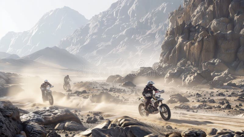 Dakar Rally Motorcycles Navigating Rocky Terrain, Creating Dust Clouds ...