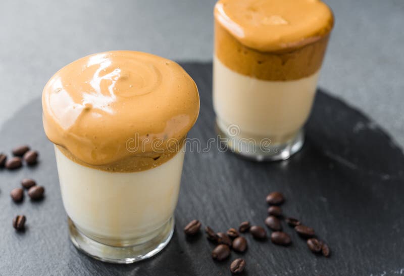 Dalgona Coffee Whipped Cream Mousse Against Grey Background. Stock ...