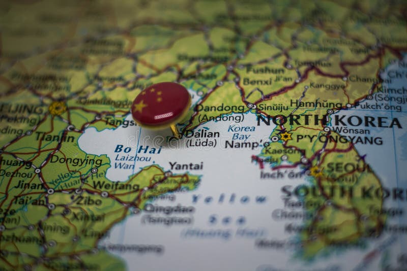 Dalian Pinned on a Map with Flag of China Stock Image - Image of close ...