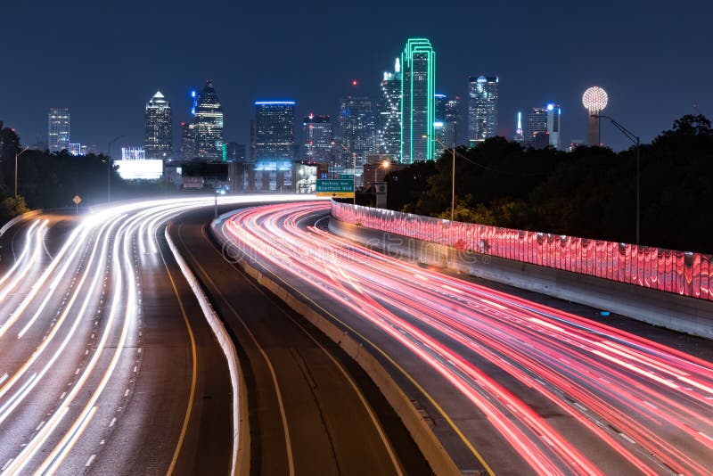 Dallas City Skyline at Night Stock Image - Image of speed, traffic ...