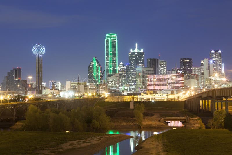 Dallas Downtown Skyline at Night Stock Image - Image of river, city ...