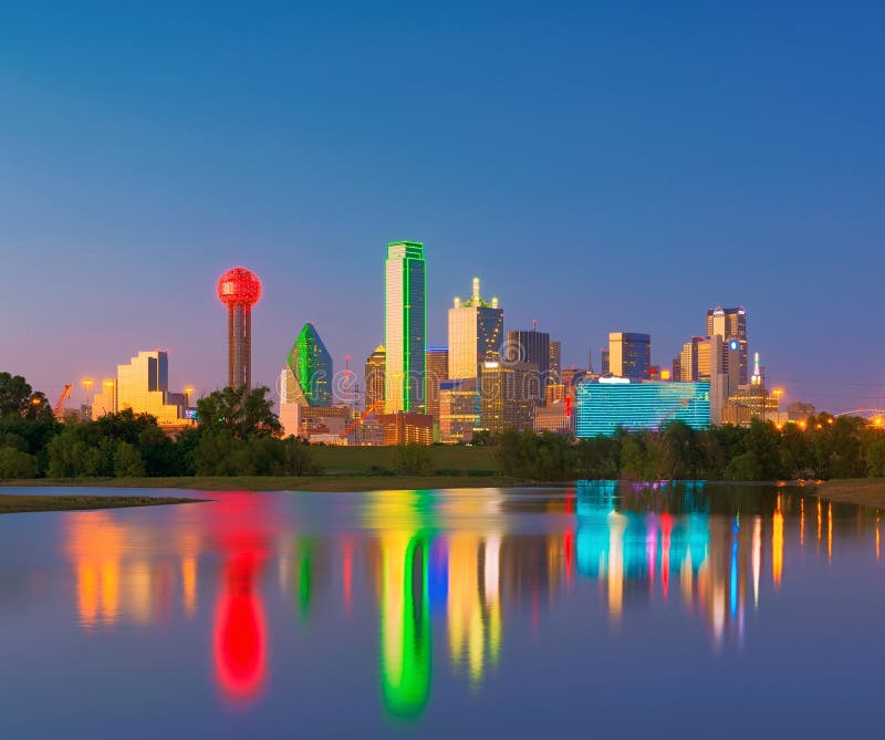 Downtown Dallas, Texas at Night with the Trinity River Stock Image ...