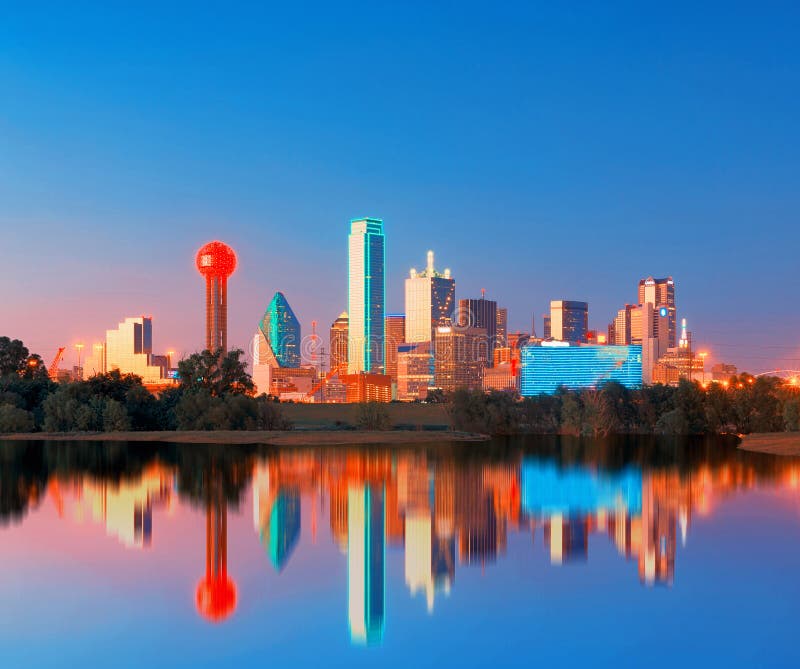 Dallas Skyline Reflection at Dawn, Downtown Dallas, Texas, USA Stock ...