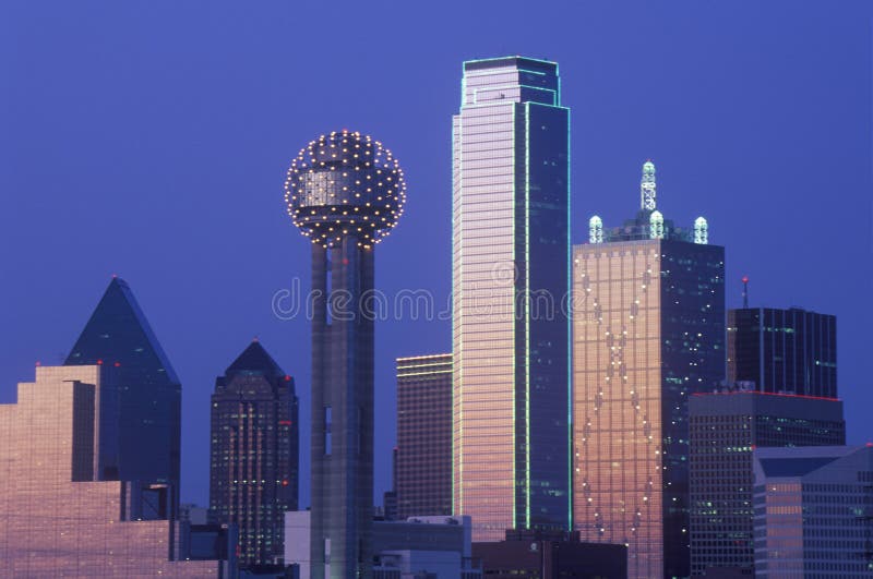Dallas, TX Skyline at Night with Reunion Tower Stock Photo - Image of ...