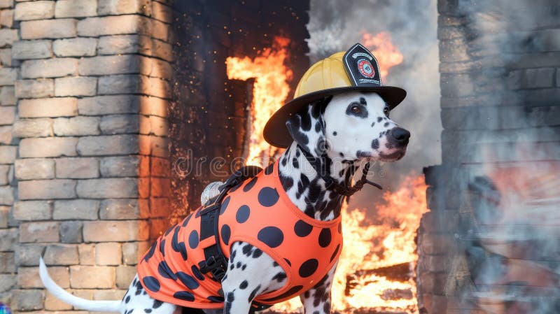 Dalmatian Dog in Firefighting Gear with Smoke Background for Emergency ...