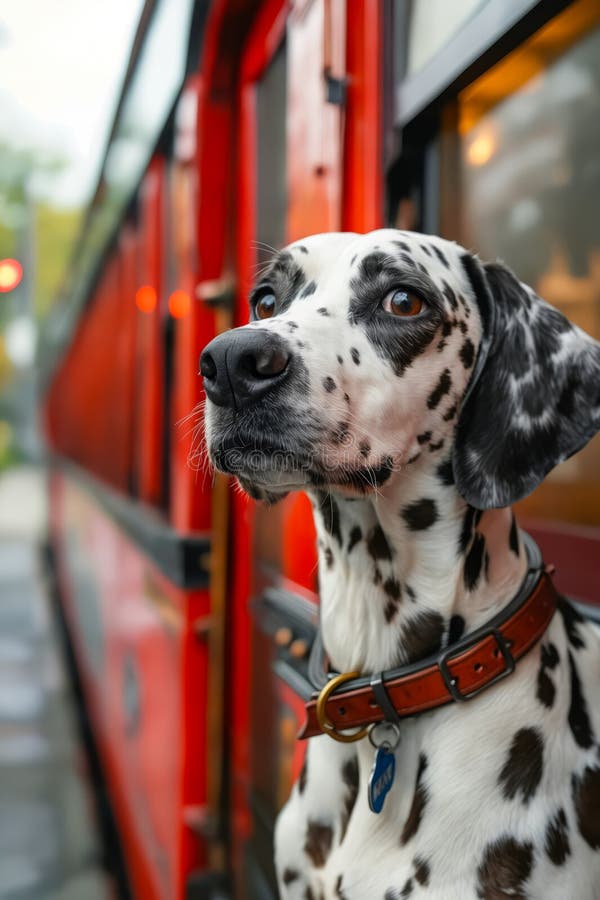 A Dalmatian Dog Sitting in Front of a Red Bus. Generative AI Stock ...