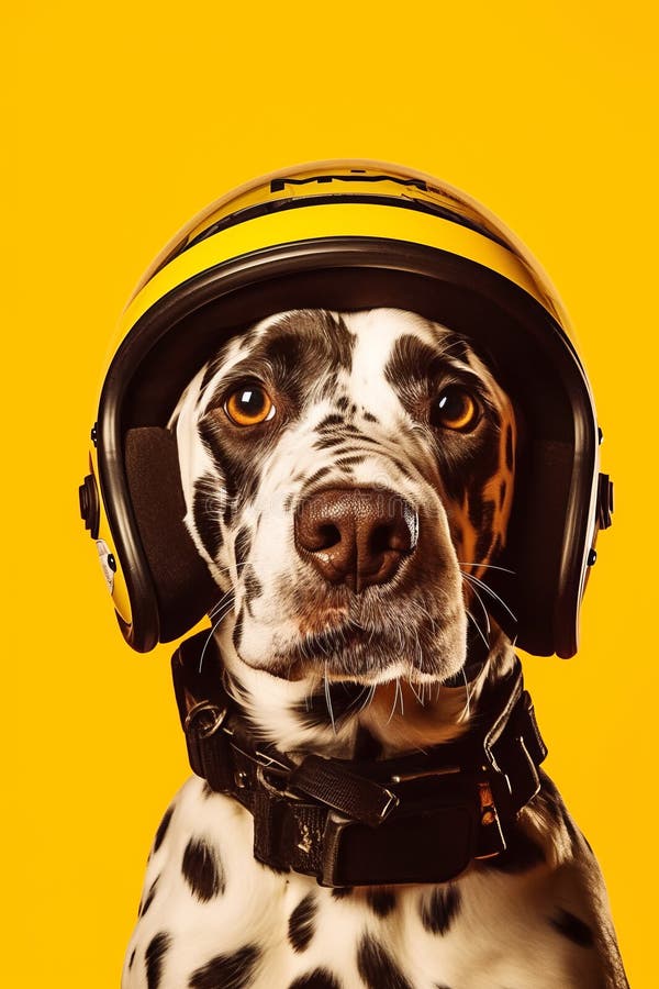 Dalmatian Dog Wearing Helmet and Looking Up at the Camera. Generative ...