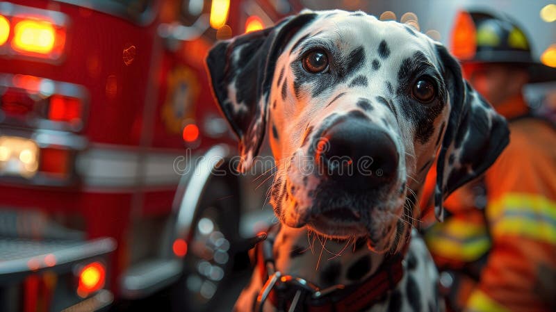 Dalmatian Mascot beside a Classic Red Fire Truck, with Its Spotted Coat ...