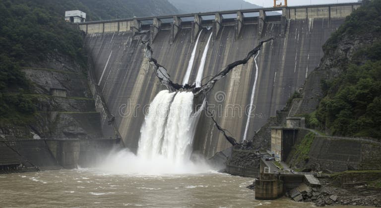 Dam Breaking and Overflowing Waterfall with Cracks and Structural ...