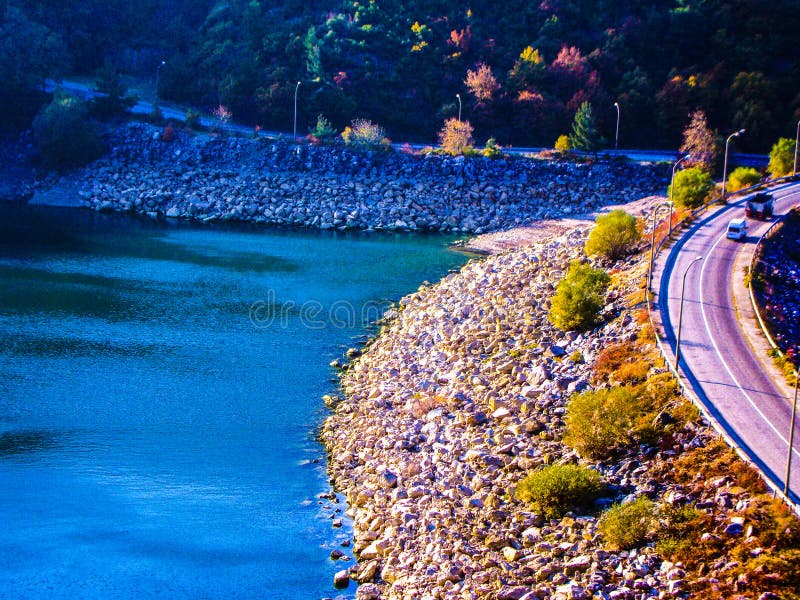 Dam Fill Broken Stone Double Way Road Stock Photo - Image of shore ...