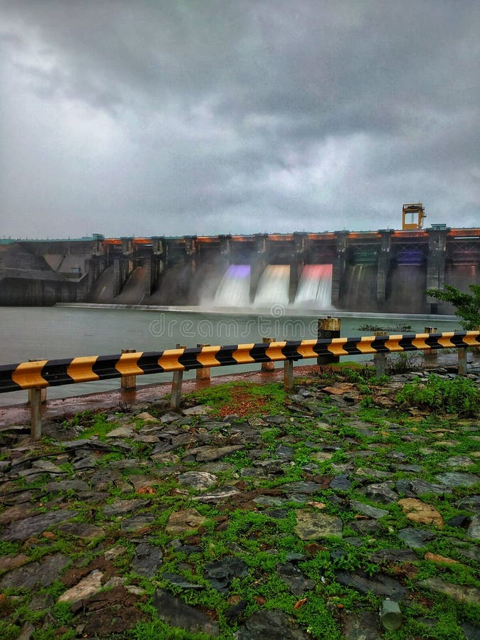 Dam Gates Opened with Colorful Lights on the Water Flowing Stock Image ...