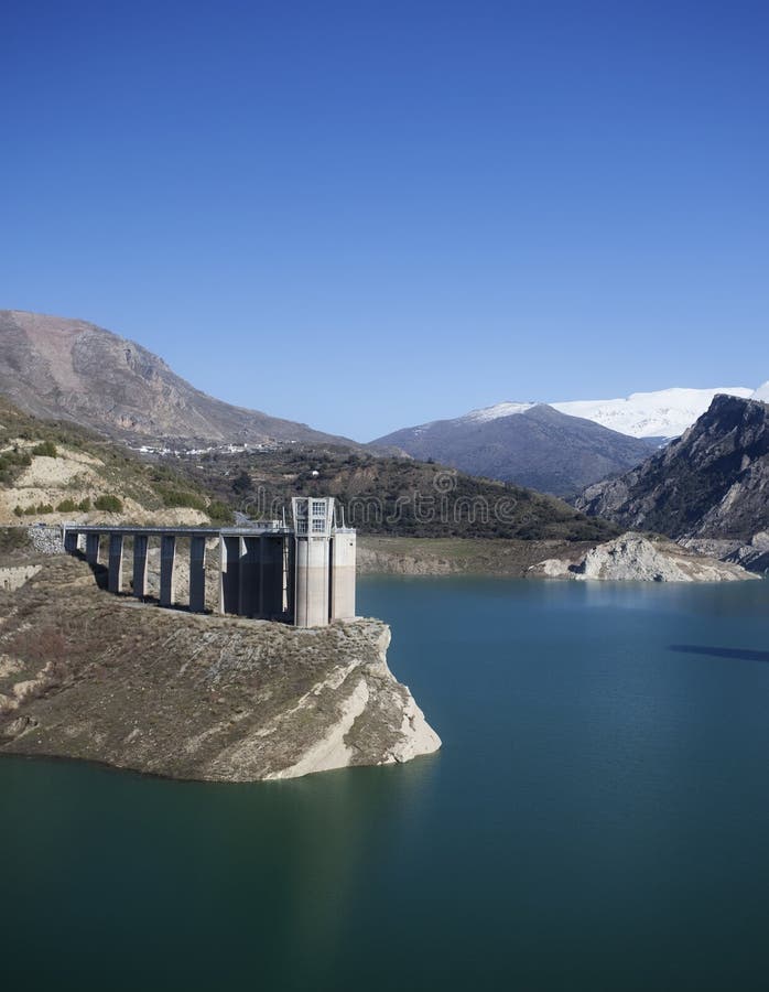 Reservoir and Dam with High Water Level Overlooking Pumping Station ...