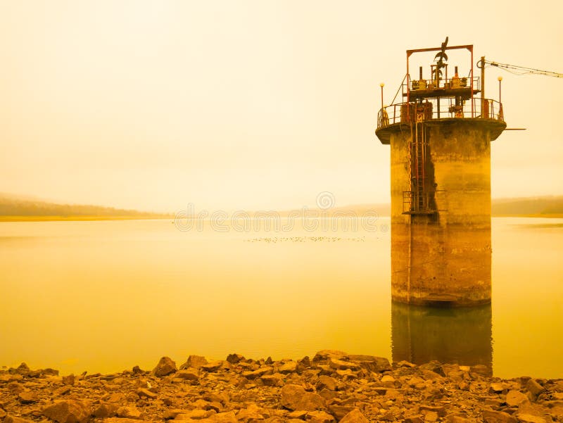 Dam Lake with a Water Tower in Yellow. Stock Photo - Image of country ...