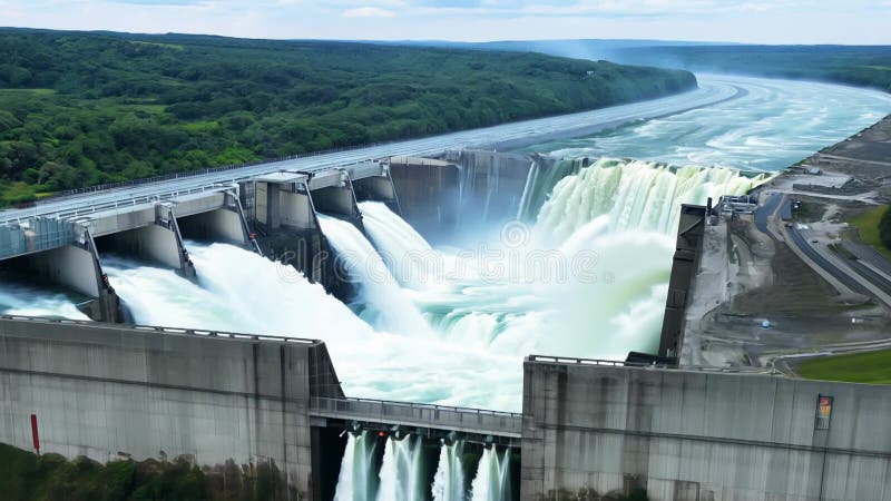 Dam Releases Powerful Water Flow into the River Surrounded by Lush ...
