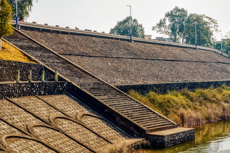 Dam S Barrier Wall and Long Trail Stairs Stock Photo - Image of iron ...