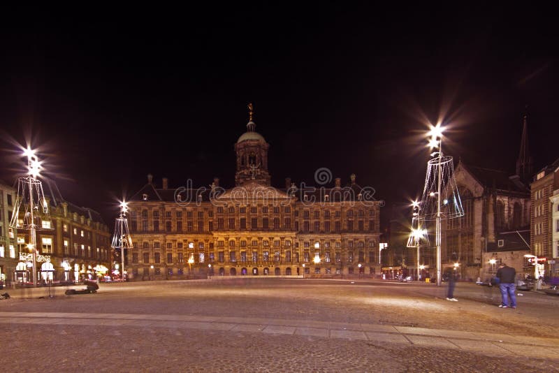 Dam Square in Amsterdam the Nethe Stock Photo - Image of lights ...