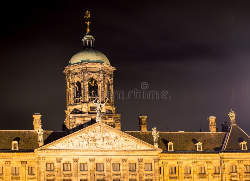 Dam square at night stock image. Image of illuminated - 94103517