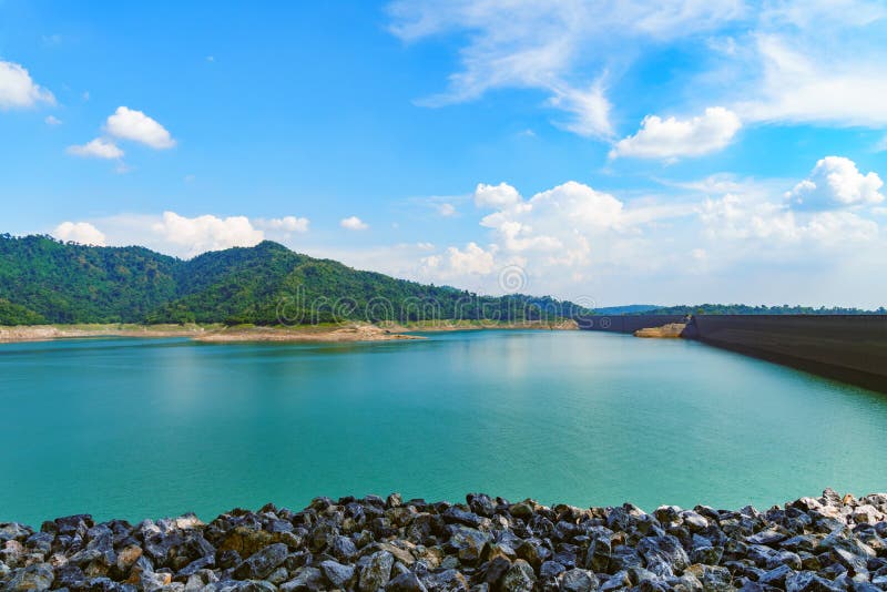 Dam View with Emerald Green Water There are Green Mountains Stock Photo ...