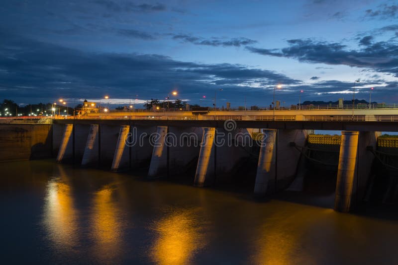 Dam Water Gate Illuminated at Dusk Stock Image - Image of lines ...