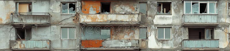 Damaged Apartment Complex with Broken Windows and Balconies Stock ...