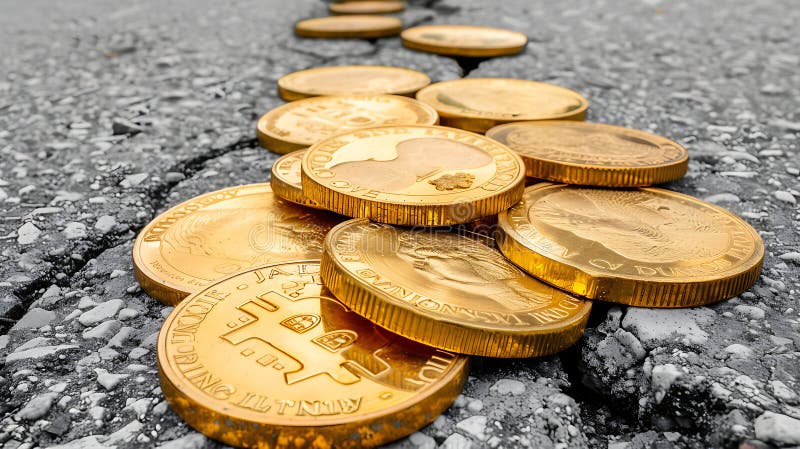 A Damaged Asphalt Road with Numerous Shiny Gold Coins Stock Image ...
