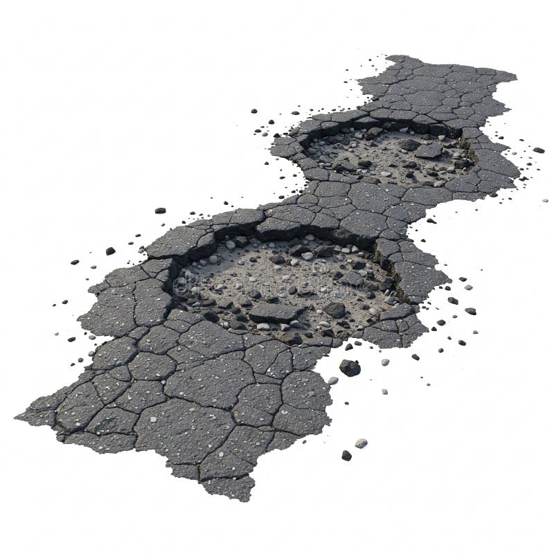 Damaged Asphalt Road with Potholes and Cracks, Isolated on a White ...