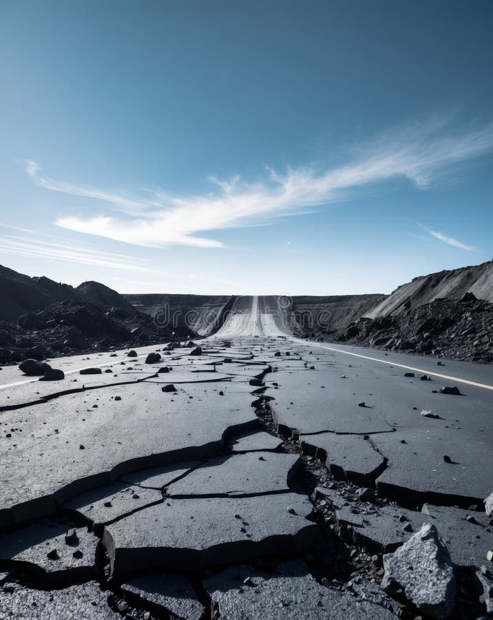 Damaged Asphalt Road with Potholes and Cracks after Landslide Stock ...